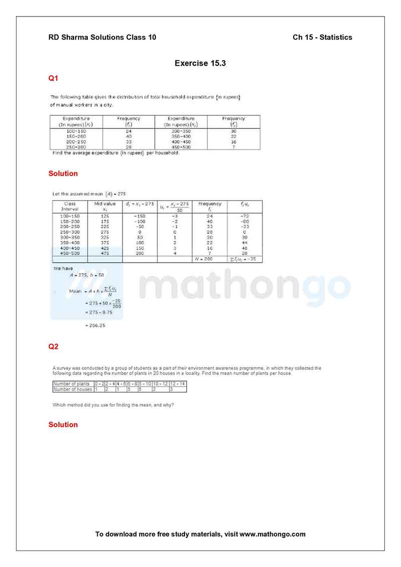 RD Sharma Class 10 Solutions Chapter 15 – Statistics – MathonGo