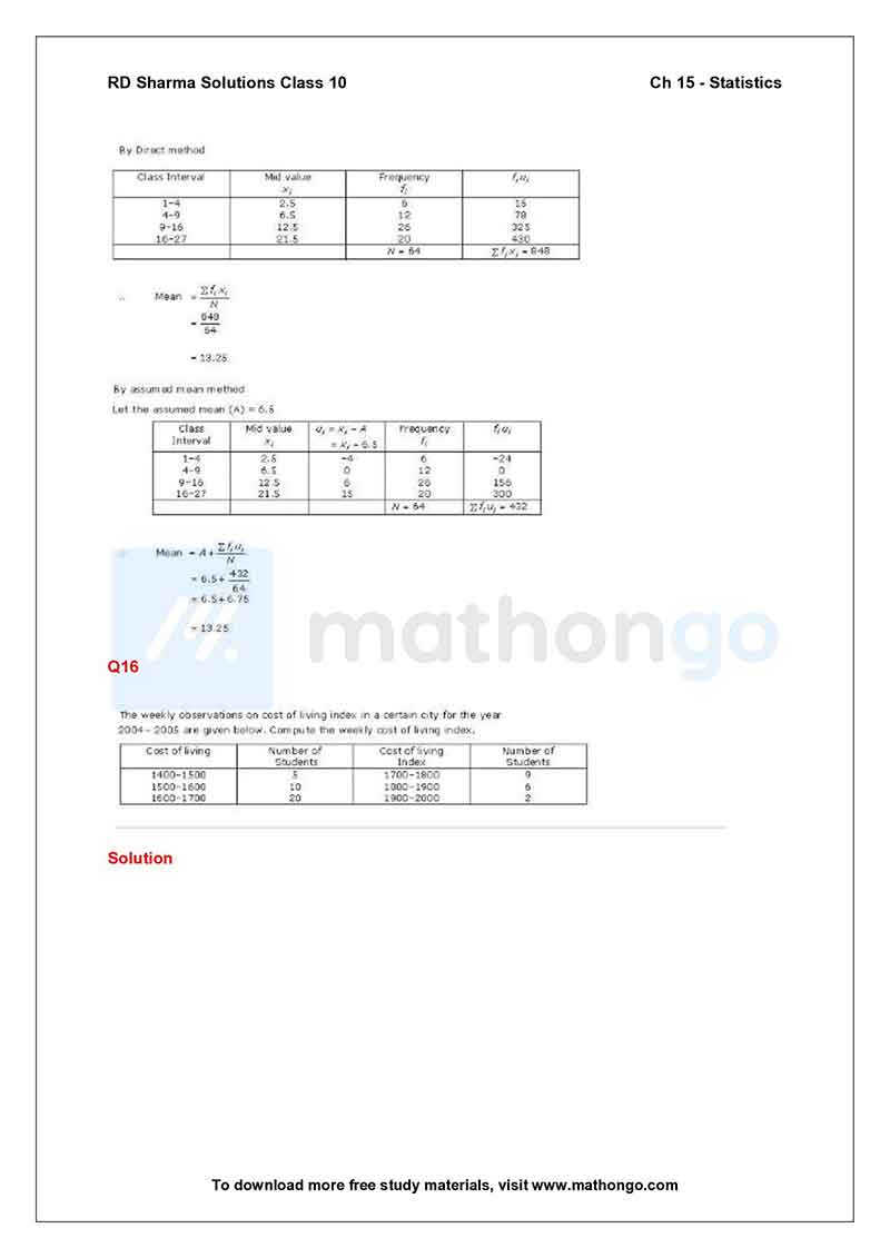 RD Sharma Class 10 Solutions Chapter 15 – Statistics – MathonGo