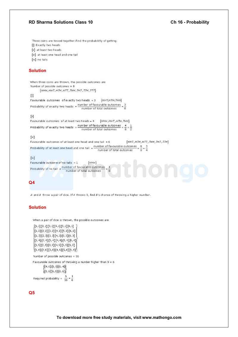 RD Sharma Class 10 Solutions Chapter 16 – Probability – MathonGo