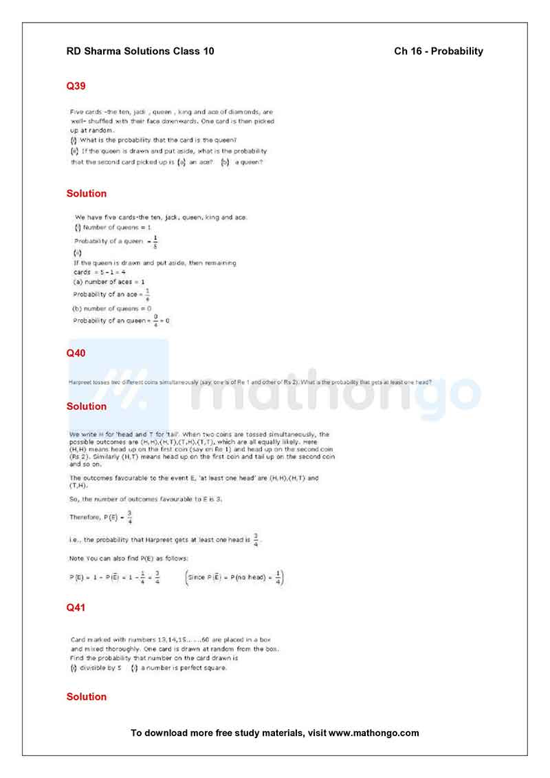 RD Sharma Class 10 Solutions Chapter 16 – Probability – MathonGo