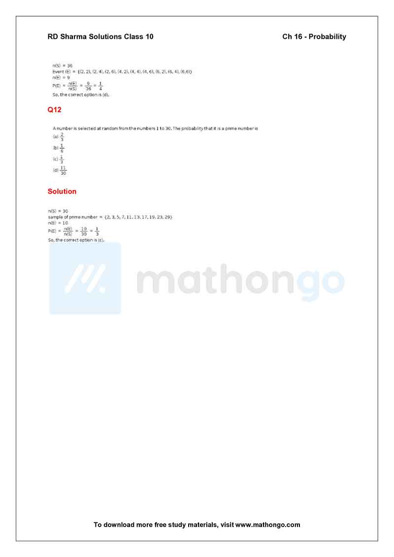 RD Sharma Class 10 Solutions Chapter 16 – Probability – MathonGo