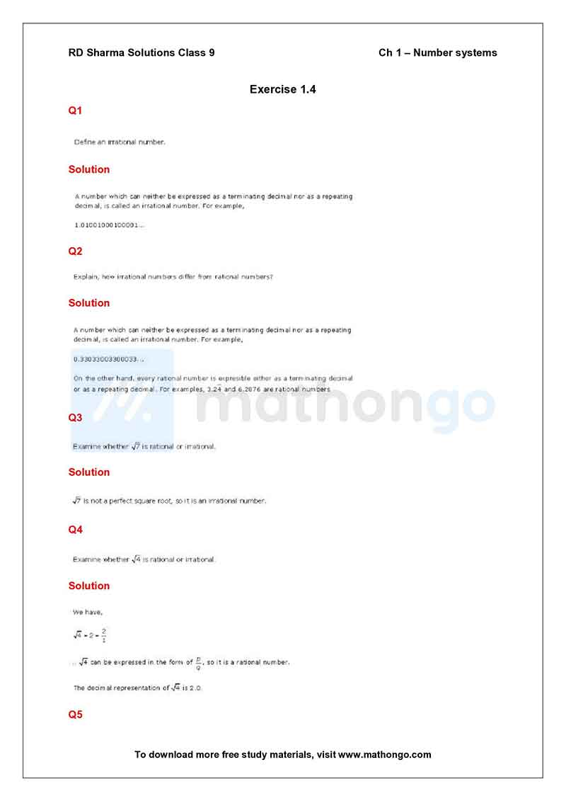 RD Sharma Class 9 Solutions Chapter 1 – Number System – MathonGo