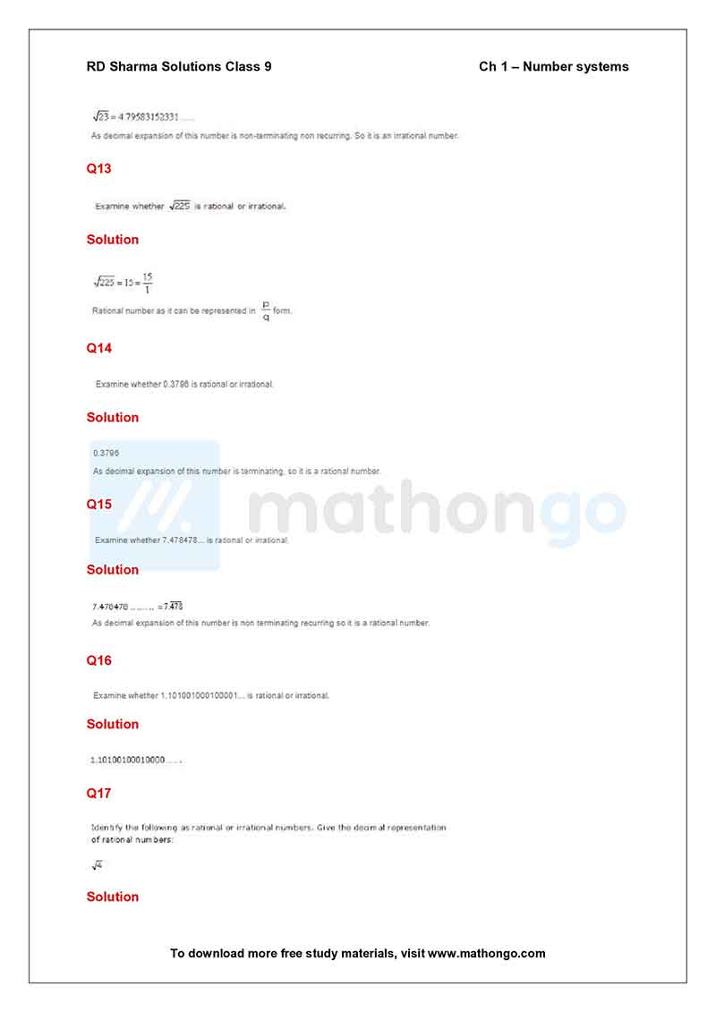 RD Sharma Class 9 Solutions Chapter 1 – Number System – MathonGo