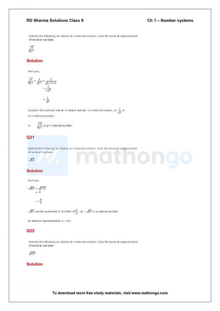 RD Sharma Class 9 Solutions Chapter 1 – Number System – MathonGo
