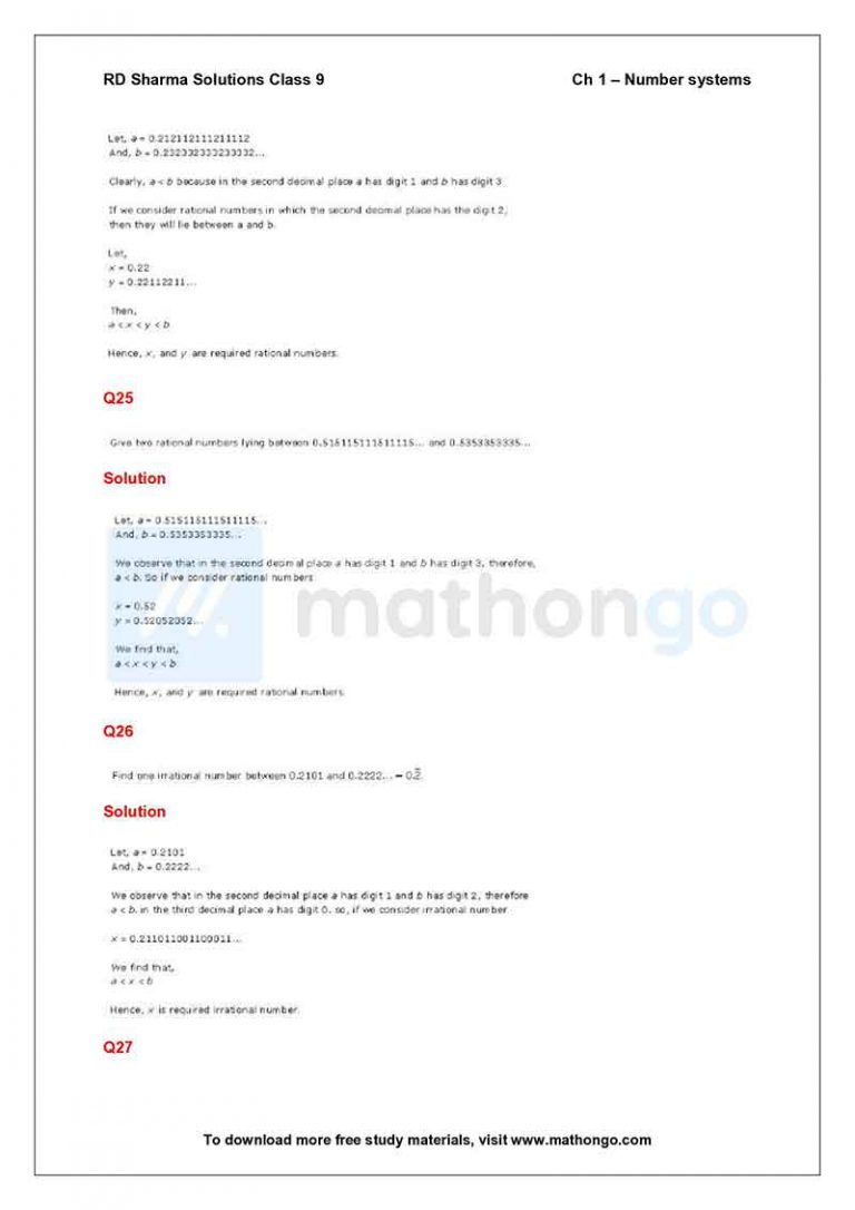 RD Sharma Class 9 Solutions Chapter 1 – Number System – MathonGo