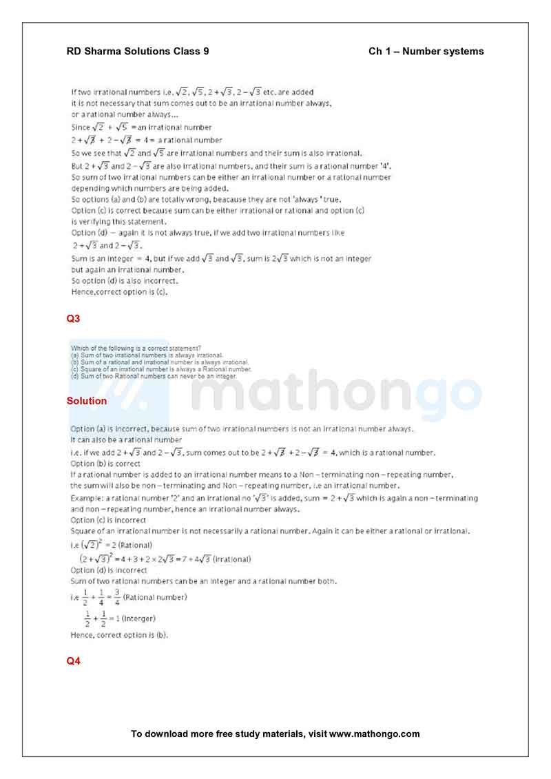 RD Sharma Class 9 Solutions Chapter 1 – Number System – MathonGo