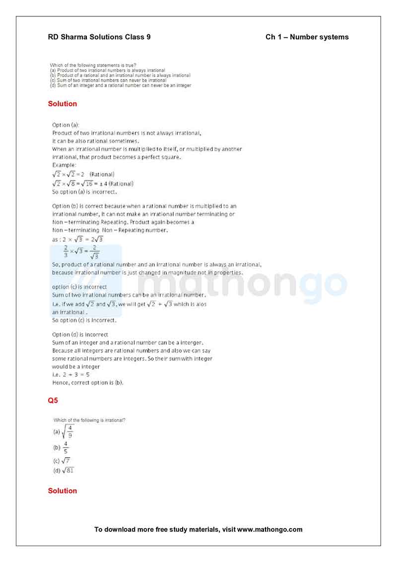 RD Sharma Class 9 Solutions Chapter 1 - Number System - PDF Download