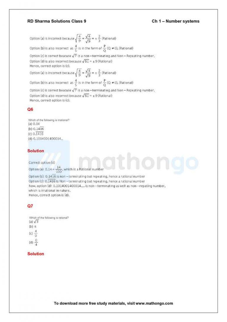 RD Sharma Class 9 Solutions Chapter 1 - Number System - PDF Download