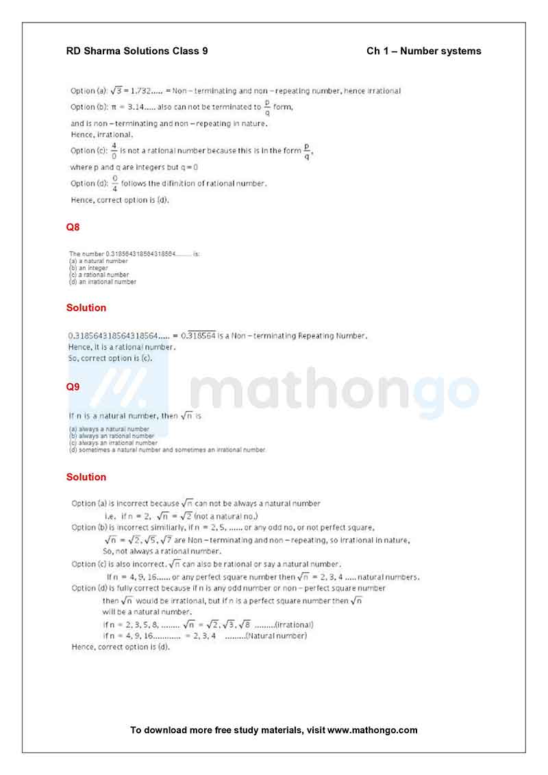 RD Sharma Class 9 Solutions Chapter 1 - Number System - PDF Download