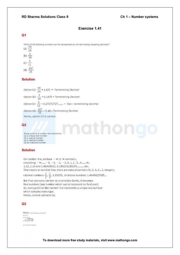 RD Sharma Class 9 Solutions Chapter 1 - Number System - PDF Download