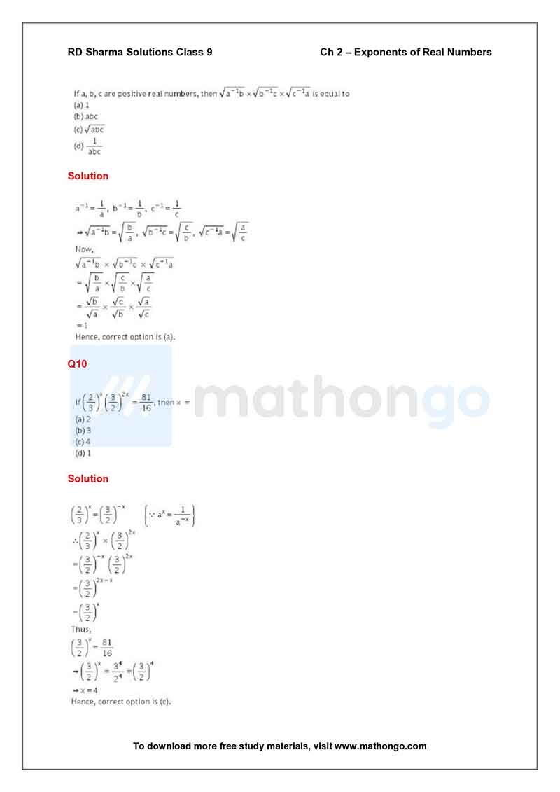 RD Sharma Class 9 Solutions Chapter 2 – Exponents of Real Numbers ...