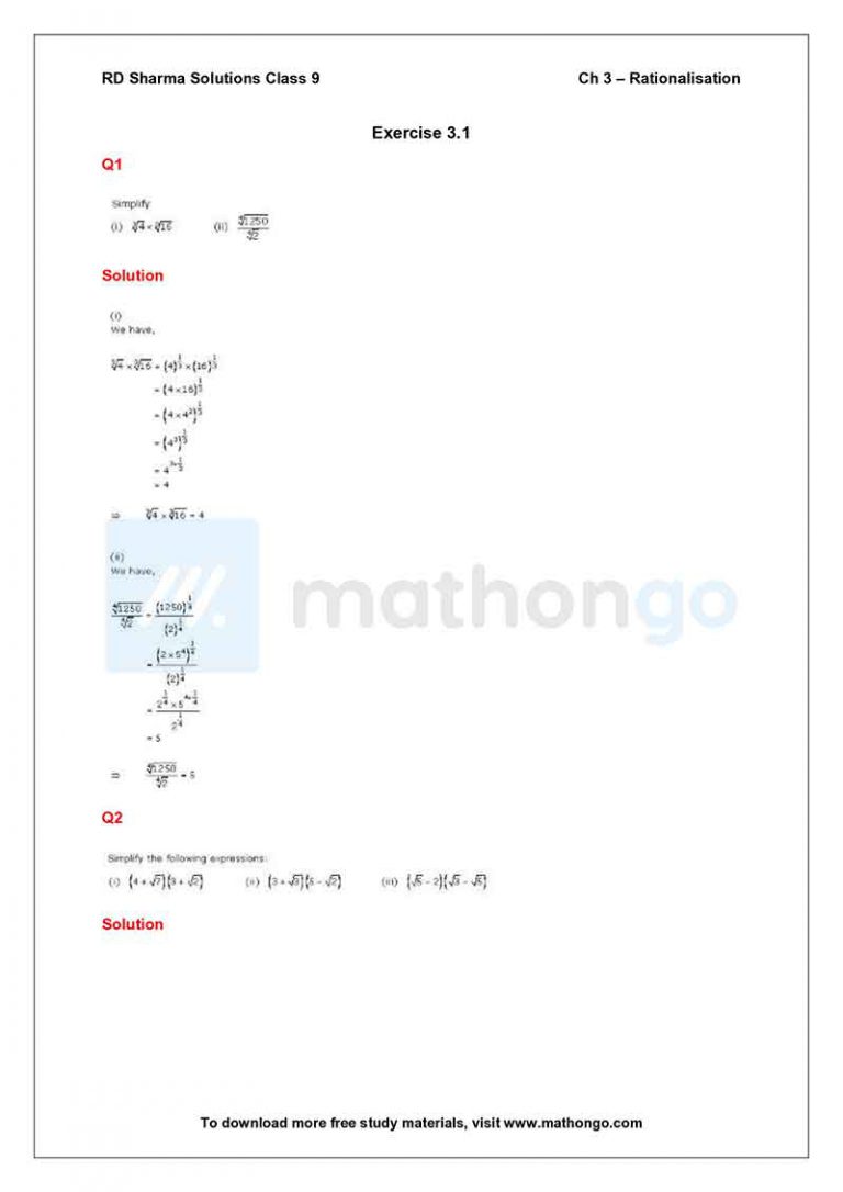 RD Sharma Class 9 Solutions Chapter 3 – Rationalisation – MathonGo