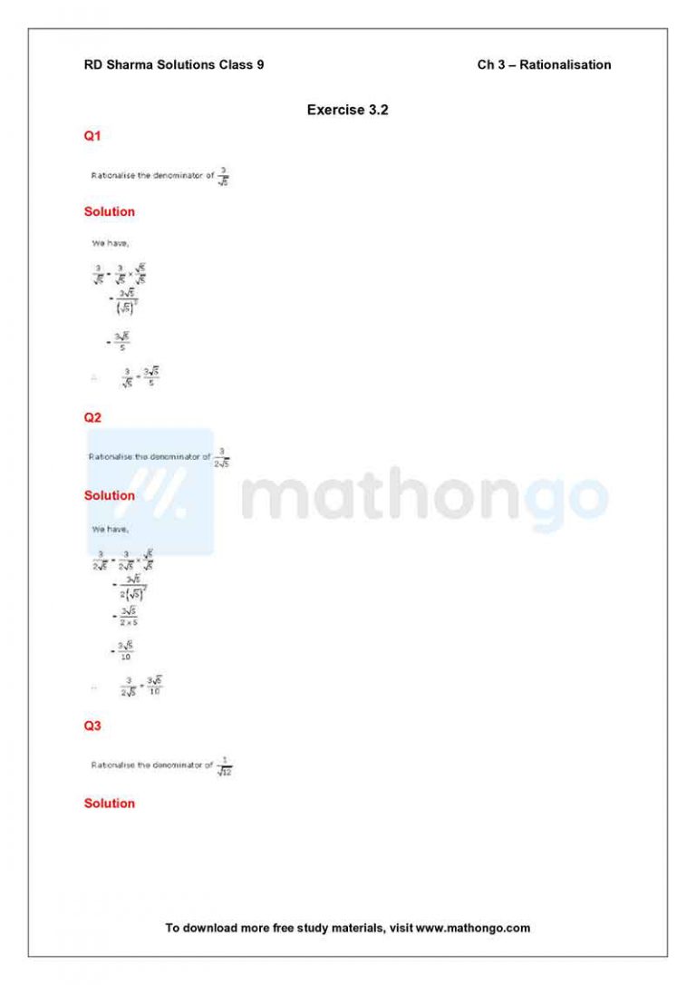 RD Sharma Class 9 Solutions Chapter 3 – Rationalisation – MathonGo