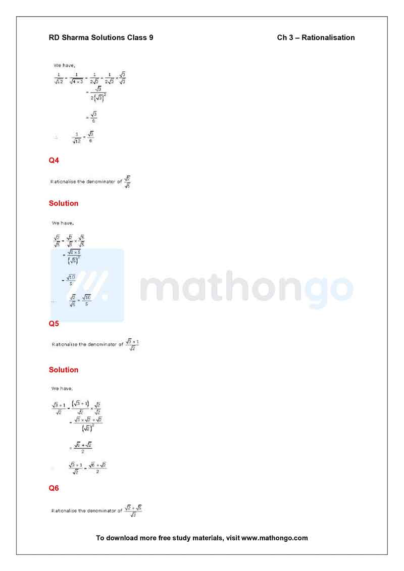 RD Sharma Class 9 Solutions Chapter 3 – Rationalisation – MathonGo