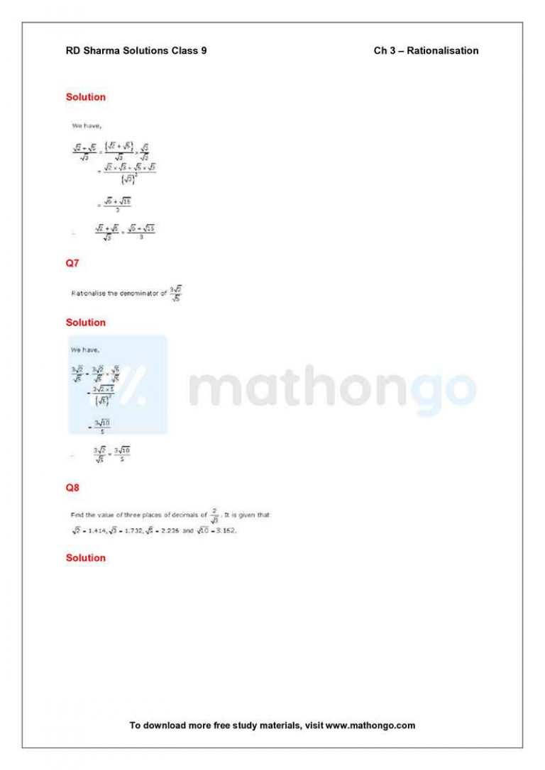 RD Sharma Class 9 Solutions Chapter 3 – Rationalisation – MathonGo