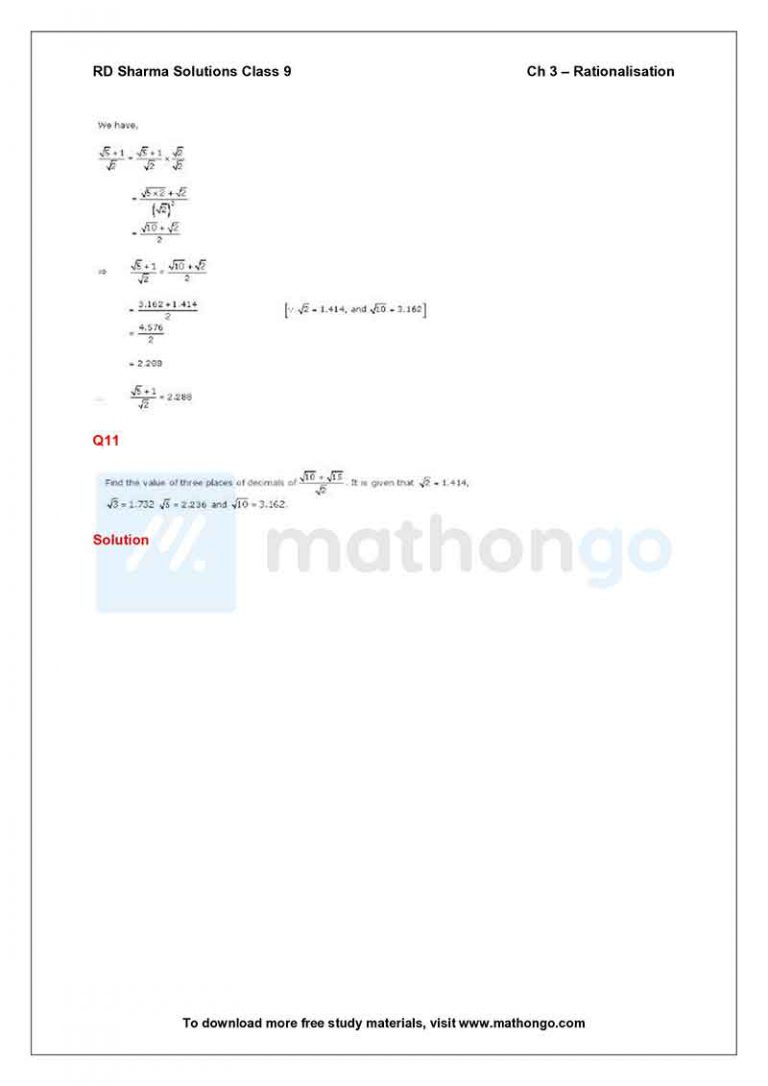 RD Sharma Class 9 Solutions Chapter 3 – Rationalisation – MathonGo