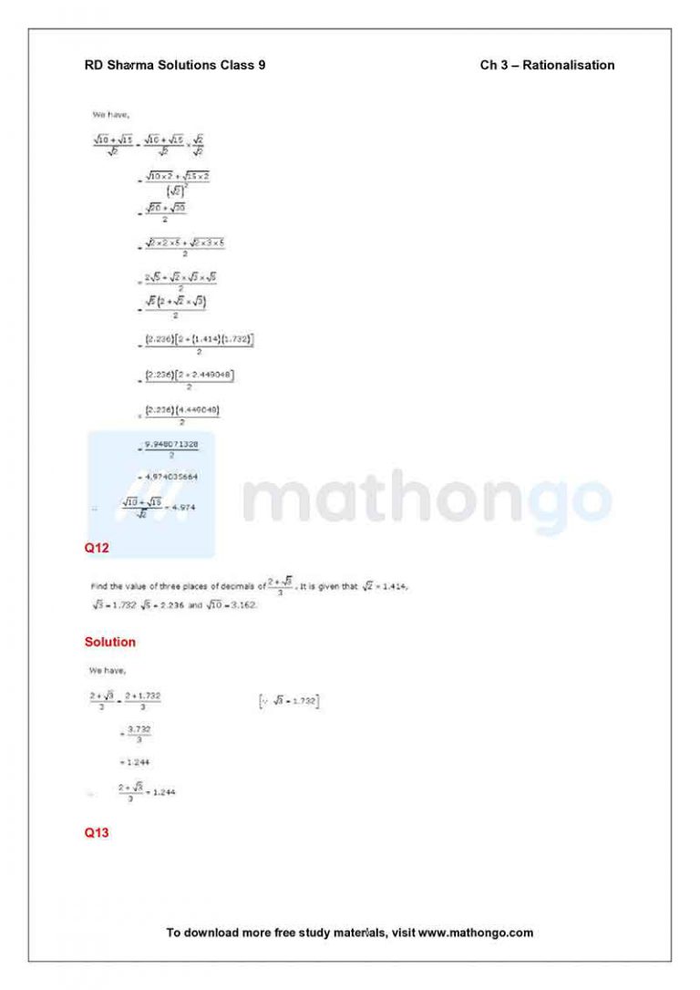 RD Sharma Class 9 Solutions Chapter 3 – Rationalisation – MathonGo