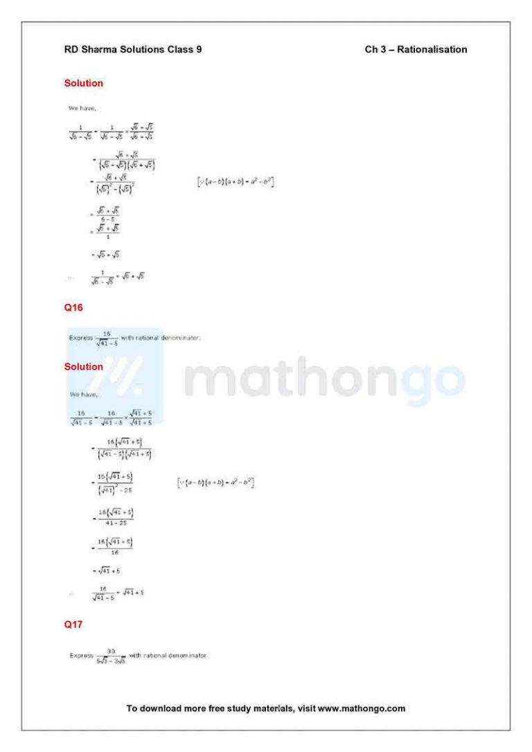RD Sharma Class 9 Solutions Chapter 3 – Rationalisation – MathonGo