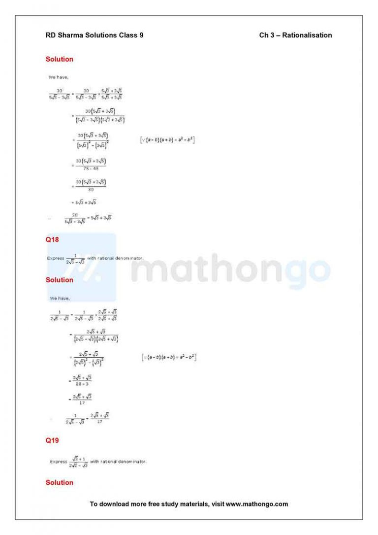 RD Sharma Class 9 Solutions Chapter 3 – Rationalisation – MathonGo
