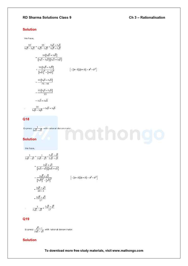 RD Sharma Class 9 Solutions Chapter 3 – Rationalisation – MathonGo