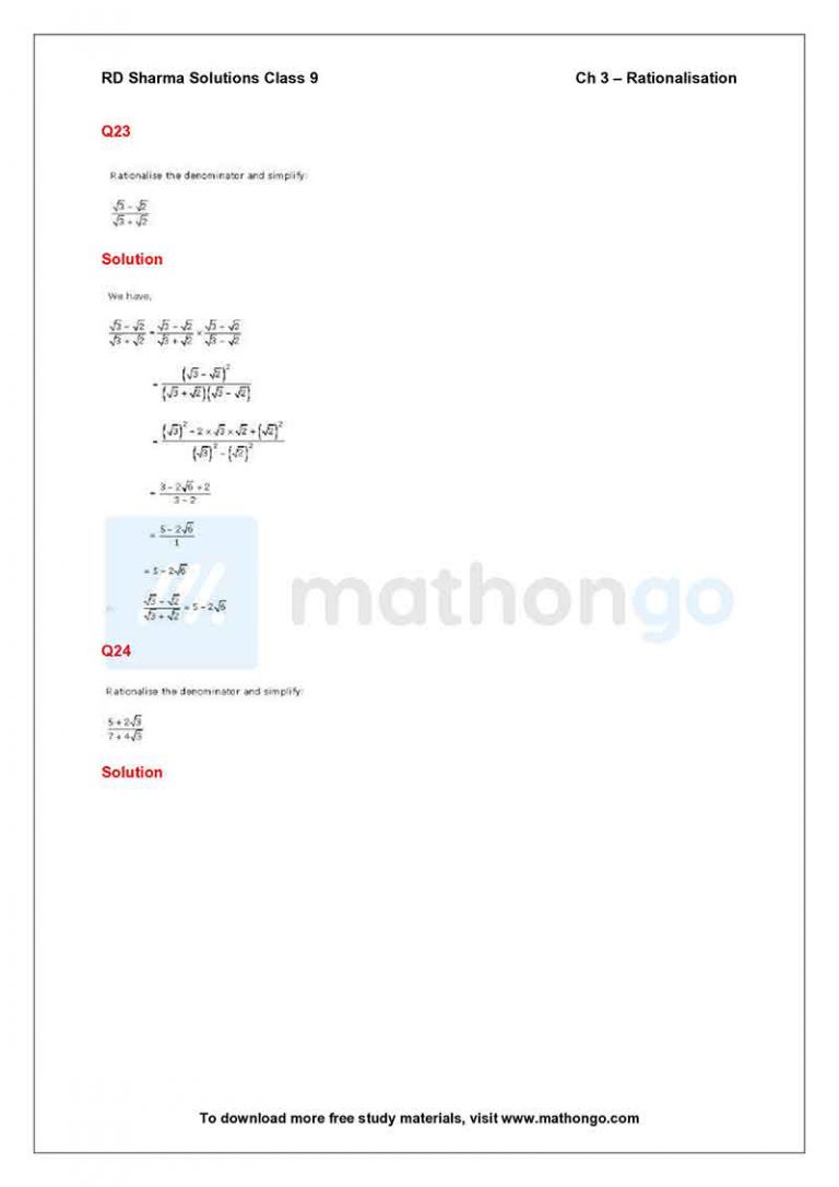 RD Sharma Class 9 Solutions Chapter 3 – Rationalisation – MathonGo