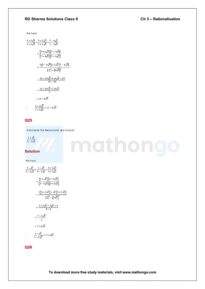 RD Sharma Class 9 Solutions Chapter 3 – Rationalisation – MathonGo