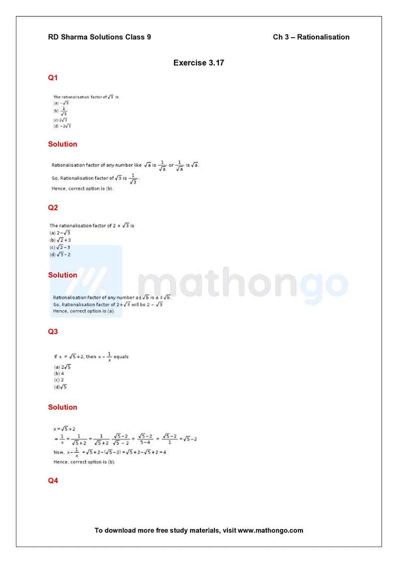 RD Sharma Class 9 Solutions Chapter 3 – Rationalisation – MathonGo
