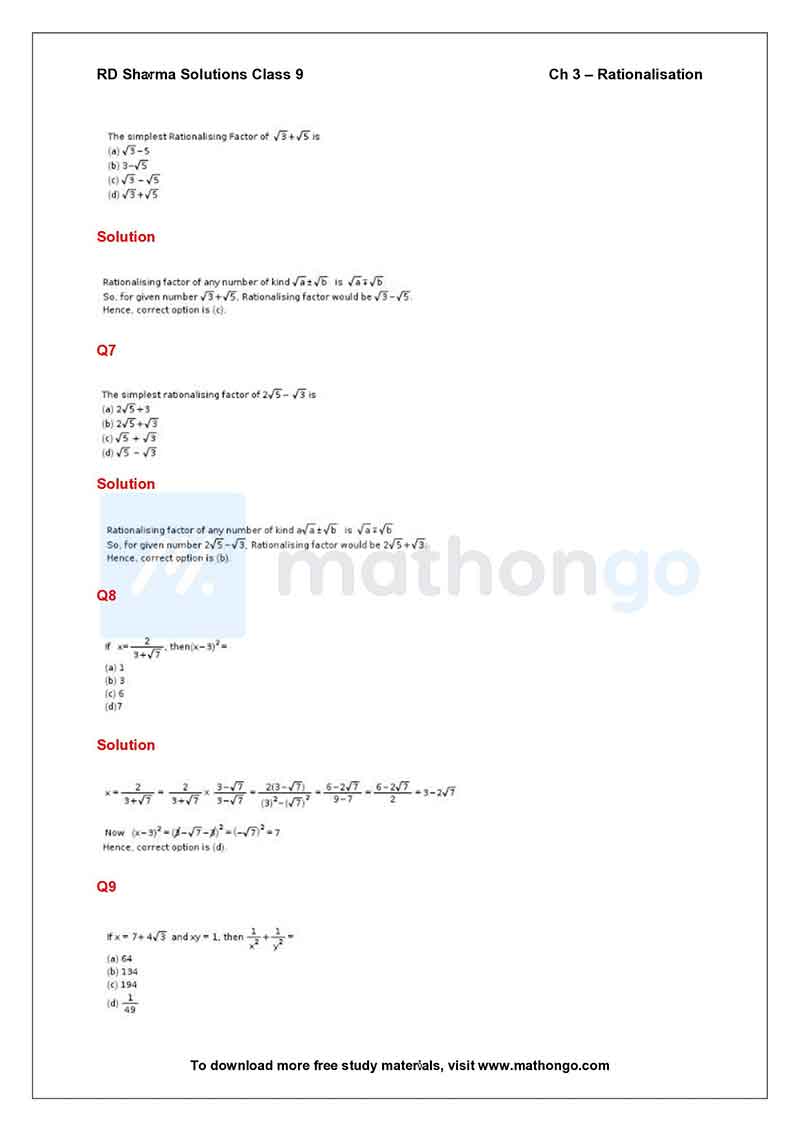 RD Sharma Class 9 Solutions Chapter 3 – Rationalisation – MathonGo