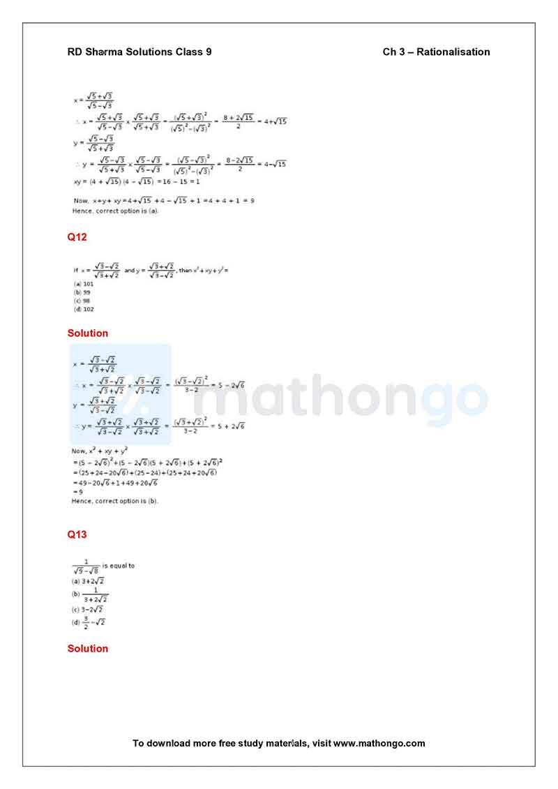 RD Sharma Class 9 Solutions Chapter 3 – Rationalisation – MathonGo