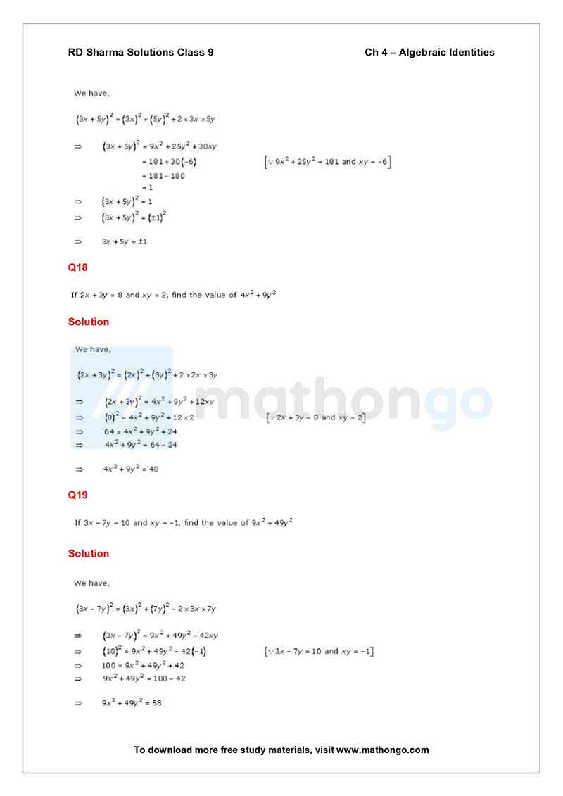 RD Sharma Class 9 Solutions Chapter 4 – Algebraic Identities – MathonGo