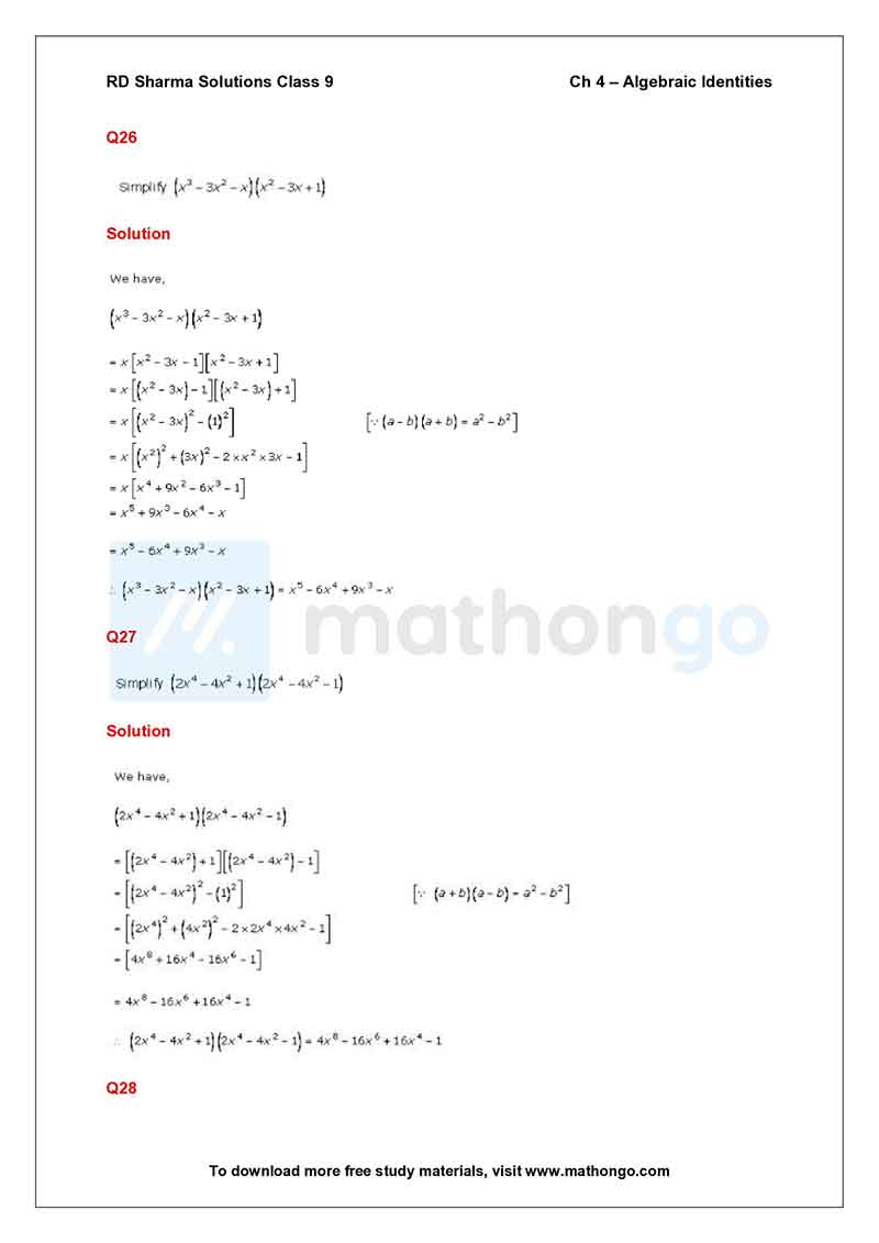 RD Sharma Class 9 Solutions Chapter 4 – Algebraic Identities – MathonGo