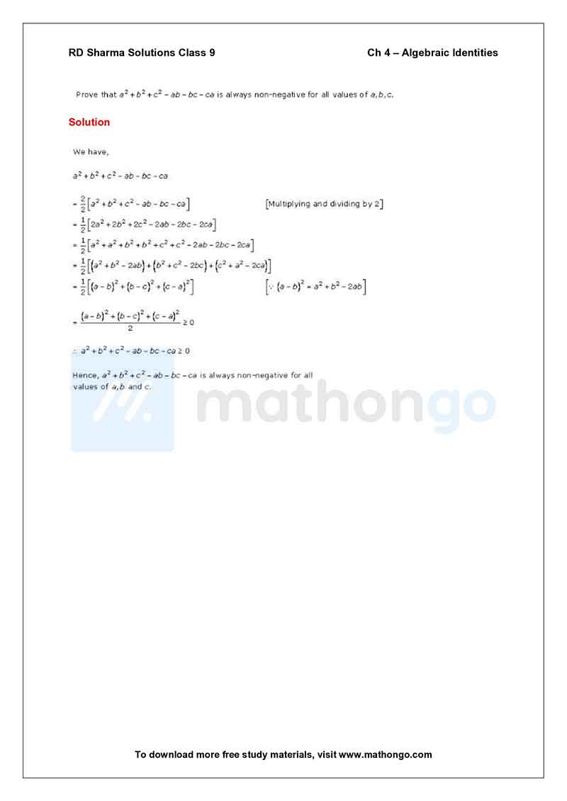 RD Sharma Class 9 Solutions Chapter 4 – Algebraic Identities – MathonGo