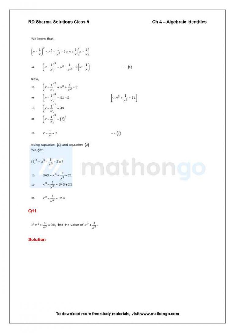 RD Sharma Class 9 Solutions Chapter 4 – Algebraic Identities – MathonGo