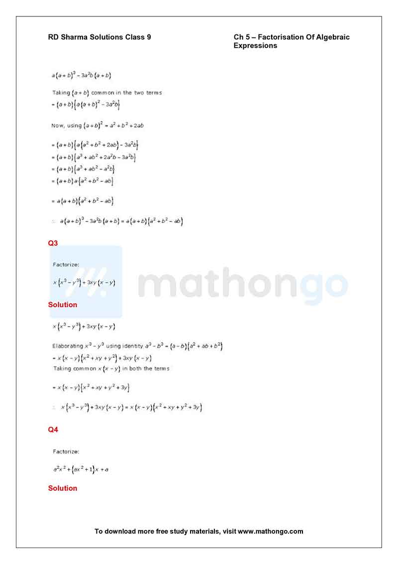 RD Sharma Class 9 Solutions Chapter 5 – Factorization of Algebraic Expressions – MathonGo