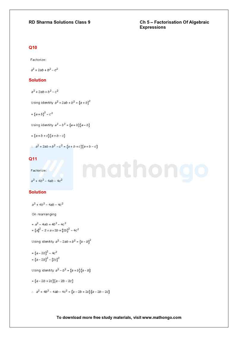 RD Sharma Class 9 Solutions Chapter 5 – Factorization of Algebraic Expressions – MathonGo