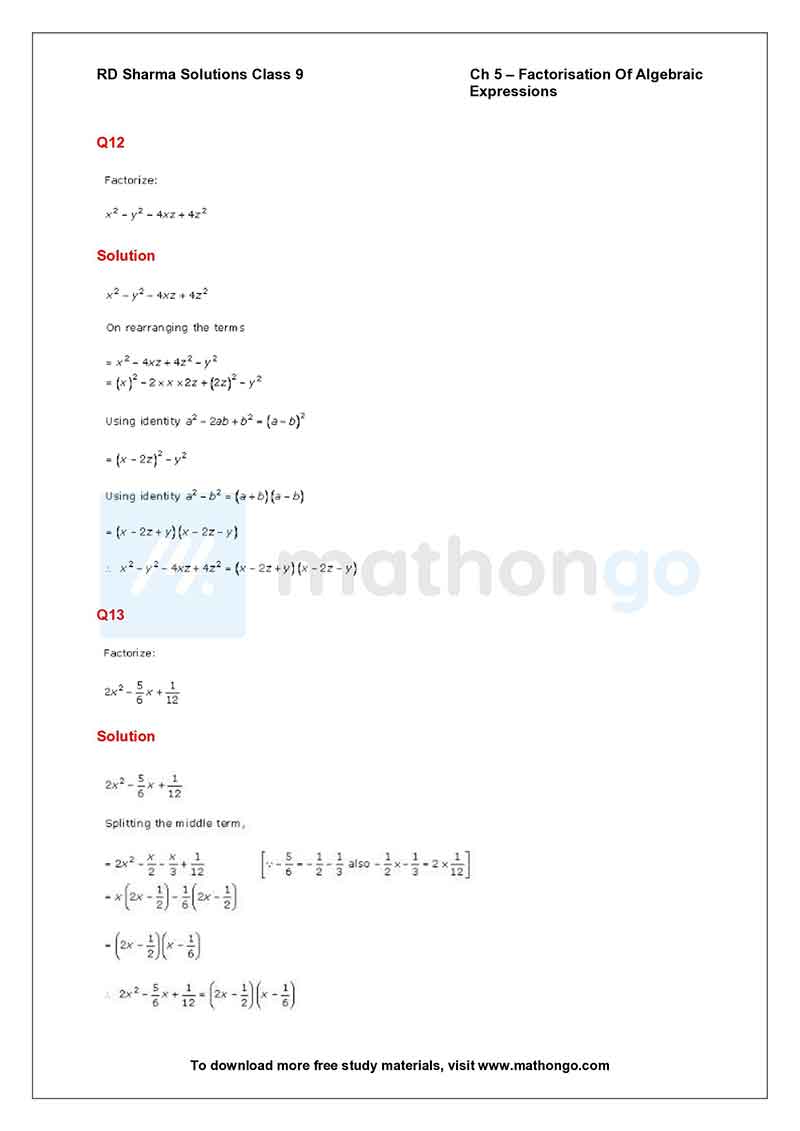 RD Sharma Class 9 Solutions Chapter 5 – Factorization of Algebraic Expressions – MathonGo