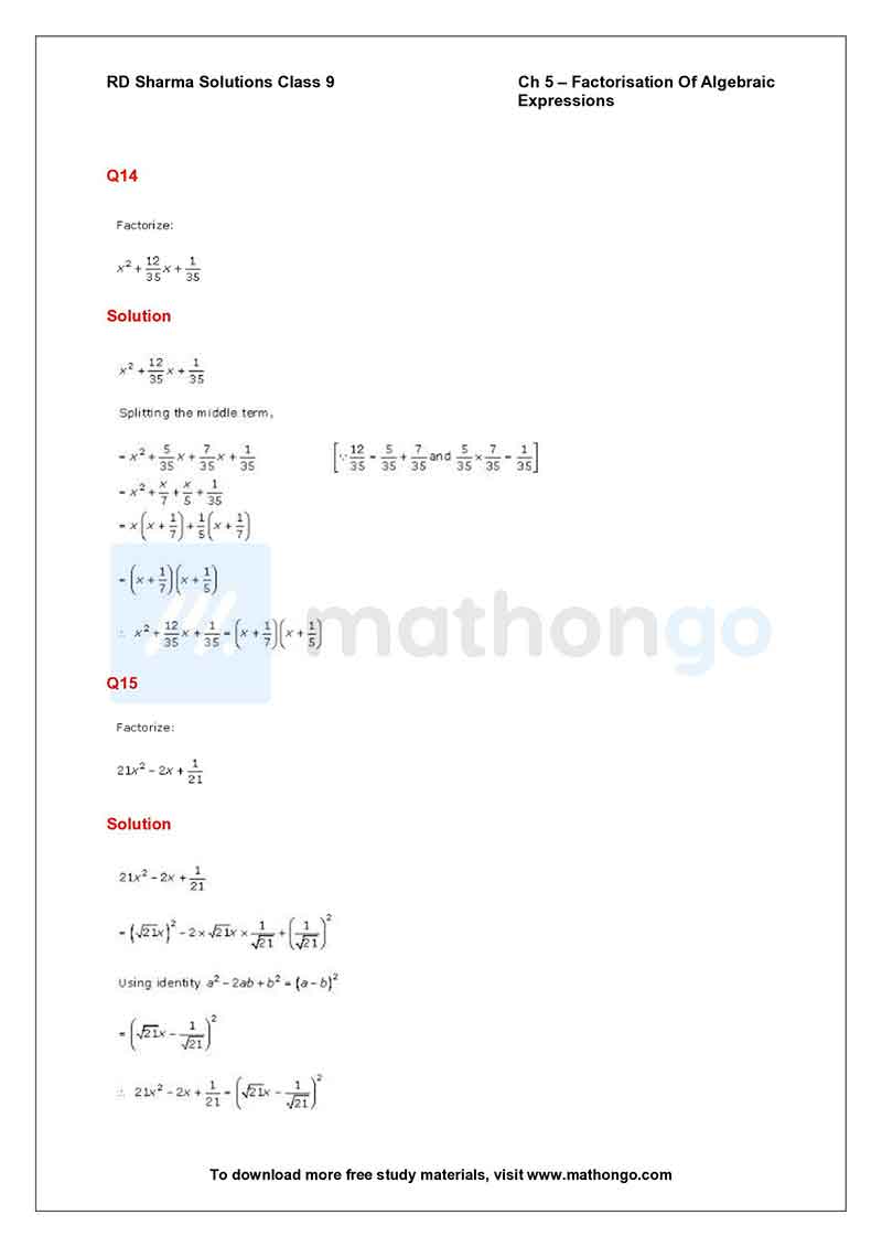 RD Sharma Class 9 Solutions Chapter 5 – Factorization of Algebraic ...