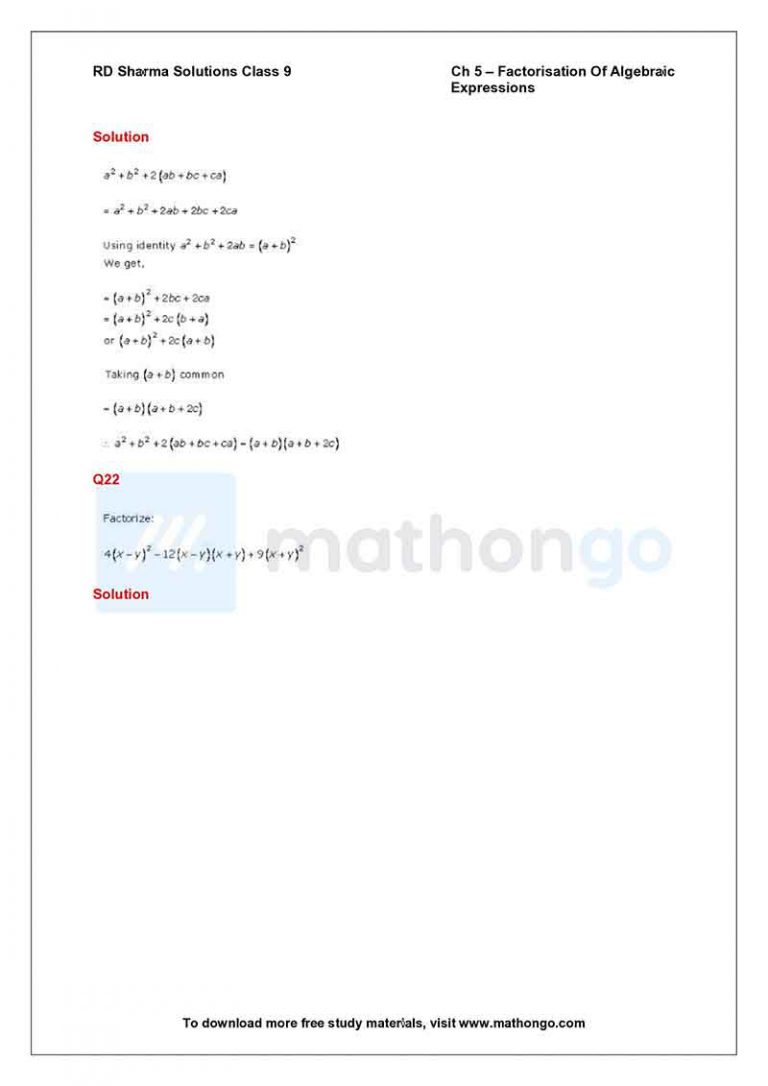 RD Sharma Class 9 Solutions Chapter 5 – Factorization of Algebraic Expressions – MathonGo