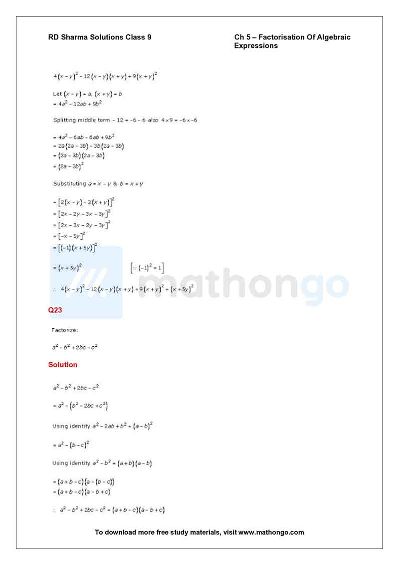 RD Sharma Class 9 Solutions Chapter 5 – Factorization of Algebraic Expressions – MathonGo