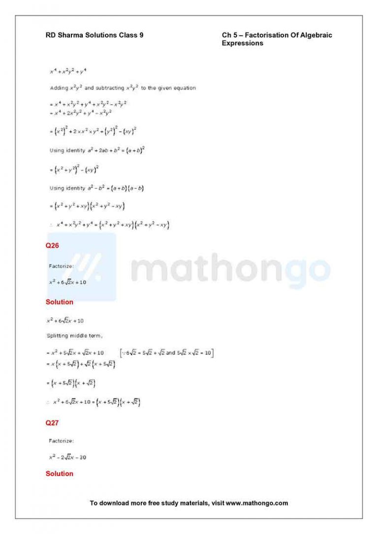 RD Sharma Class 9 Solutions Chapter 5 – Factorization of Algebraic Expressions – MathonGo