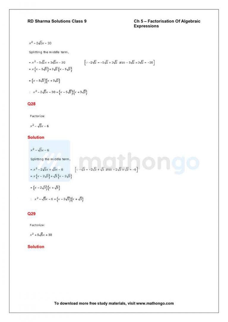 RD Sharma Class 9 Solutions Chapter 5 – Factorization of Algebraic Expressions – MathonGo