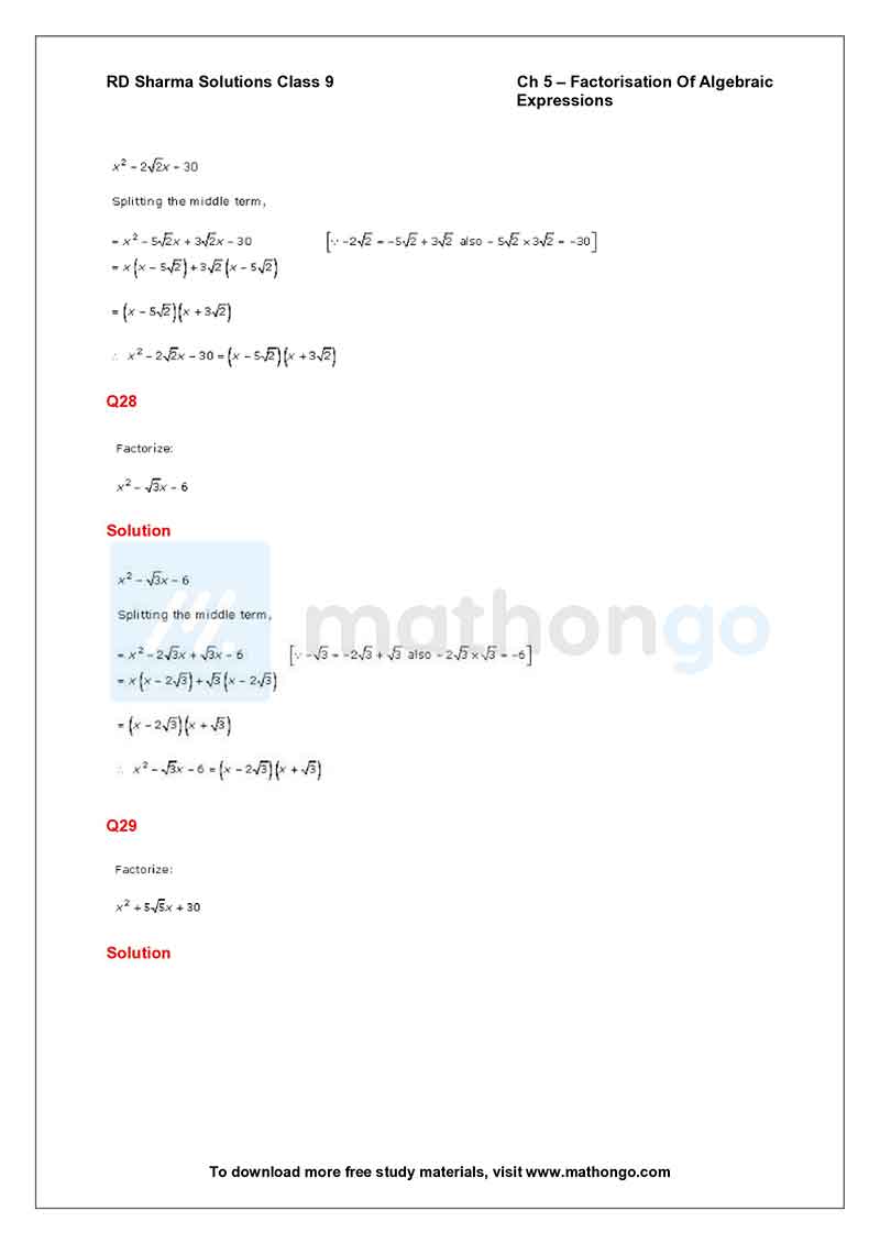 RD Sharma Class 9 Solutions Chapter 5 – Factorization of Algebraic Expressions – MathonGo
