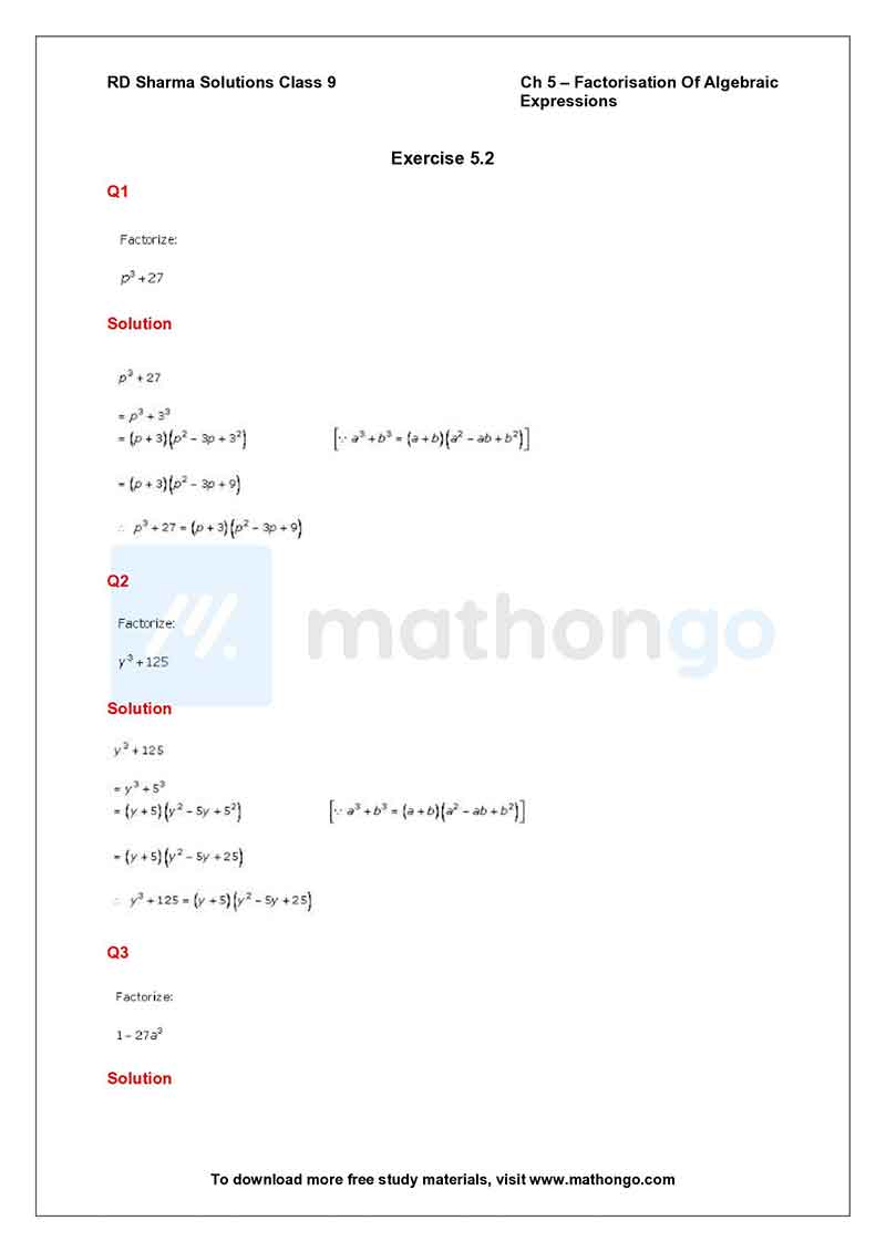 RD Sharma Class 9 Solutions Chapter 5 – Factorization of Algebraic Expressions – MathonGo