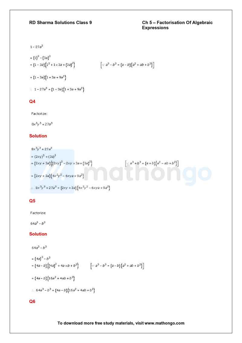 RD Sharma Class 9 Solutions Chapter 5 – Factorization of Algebraic ...