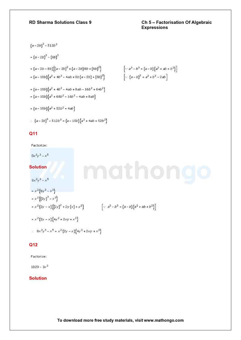 RD Sharma Class 9 Solutions Chapter 5 – Factorization of Algebraic Expressions – MathonGo