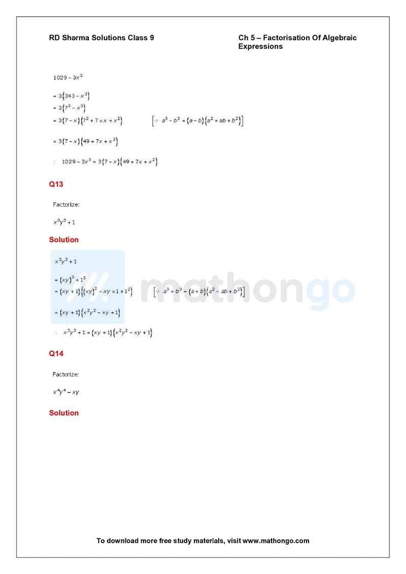 RD Sharma Class 9 Solutions Chapter 5 – Factorization of Algebraic Expressions – MathonGo