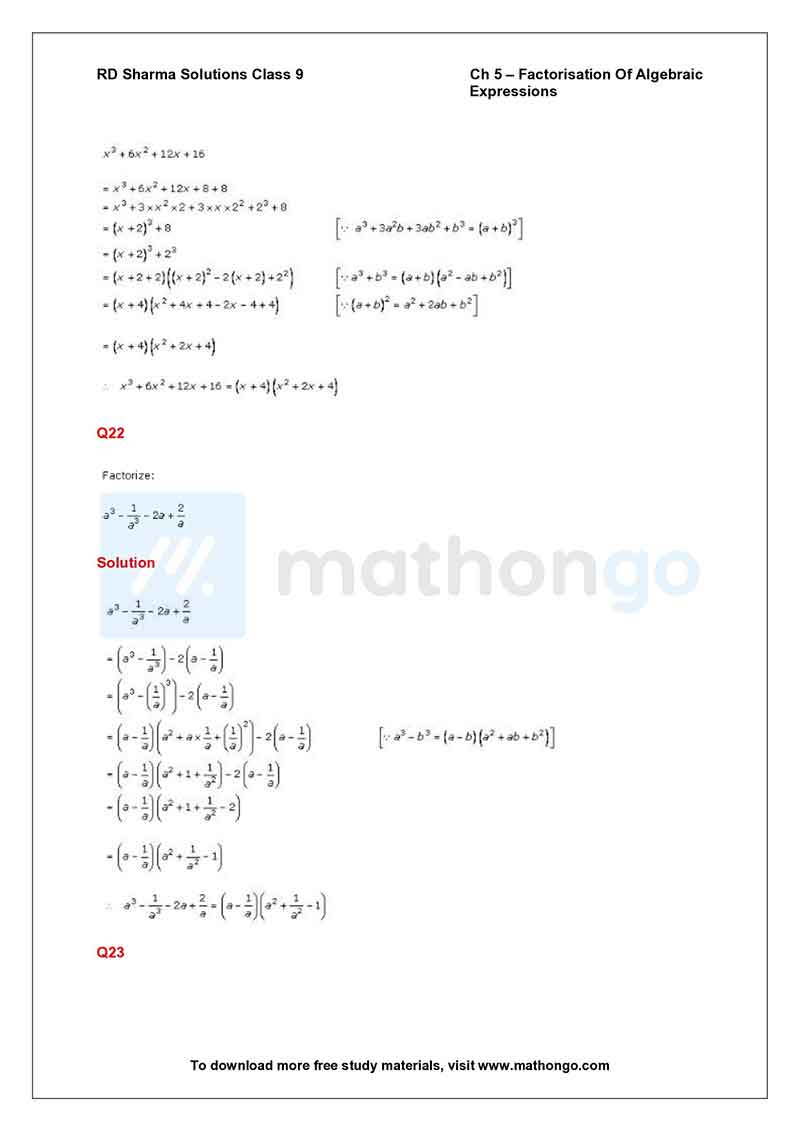 RD Sharma Class 9 Solutions Chapter 5 – Factorization of Algebraic Expressions – MathonGo