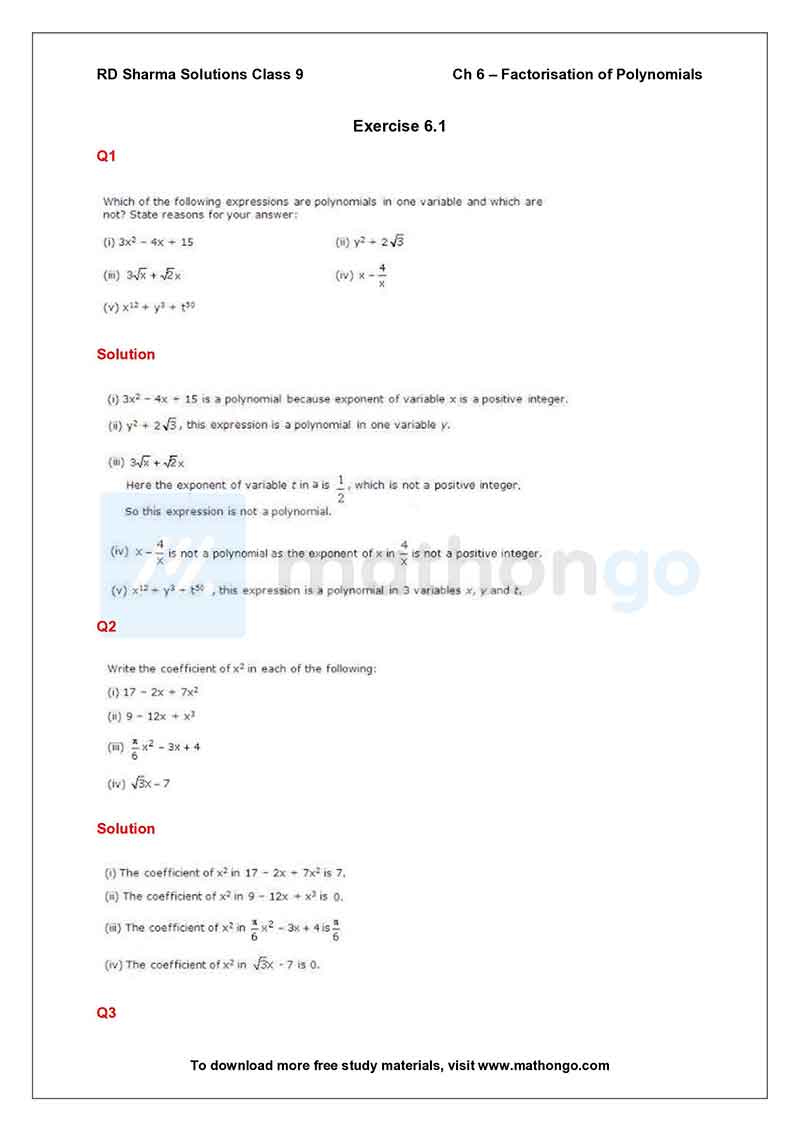 RD Sharma Class 9 Solutions Chapter 6 – Factorization of Polynomials ...