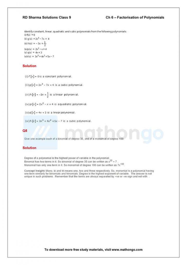 RD Sharma Class 9 Solutions Chapter 6 – Factorization of Polynomials ...