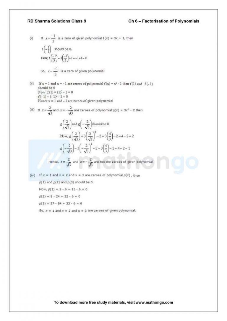 RD Sharma Class 9 Solutions Chapter 6 – Factorization of Polynomials ...